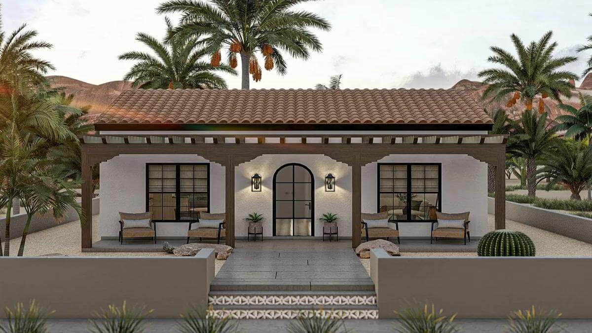 Adobe Style 1-Bedroom Single-Story Home with Pergola Front Porch (Floor ...