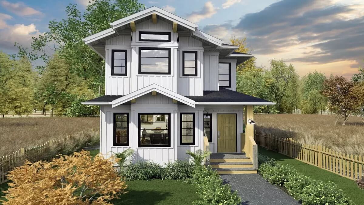 Modern Two-Story 2-Bedroom Farmhouse for a Narrow Lot with Open-Concept ...